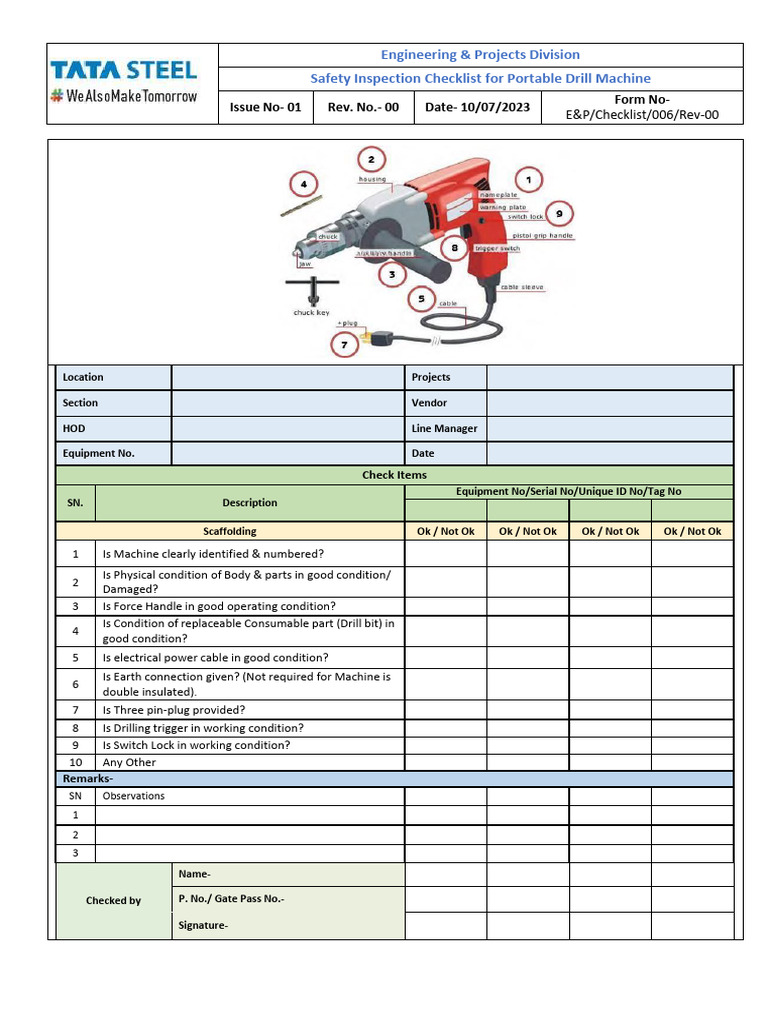 Portable Drill Machine Safety Checklist | PDF