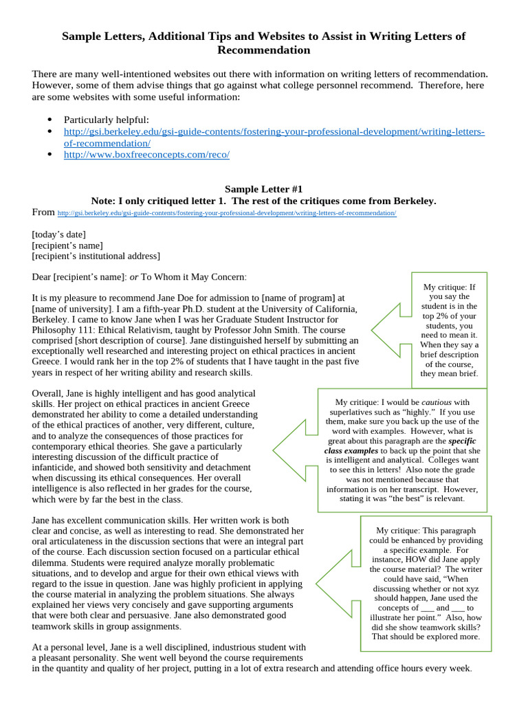 Sample Letters, Additional Tips, and Website Resources For Letters of ...