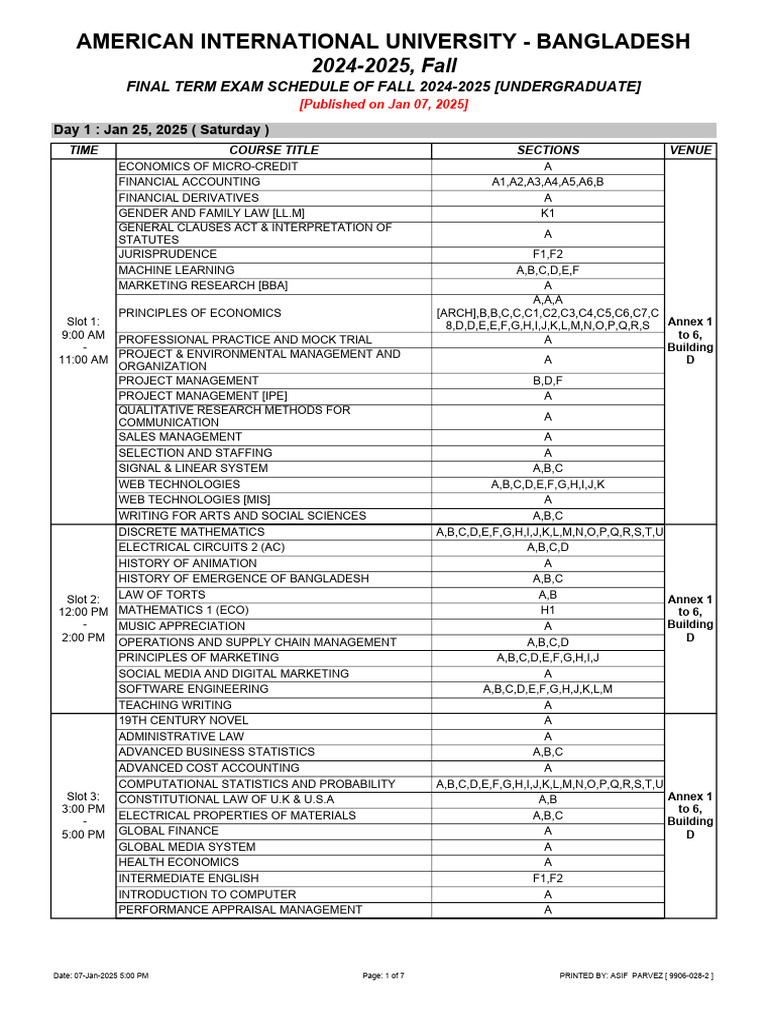 Fall 2024-2025 Exam Schedule AIUB | PDF