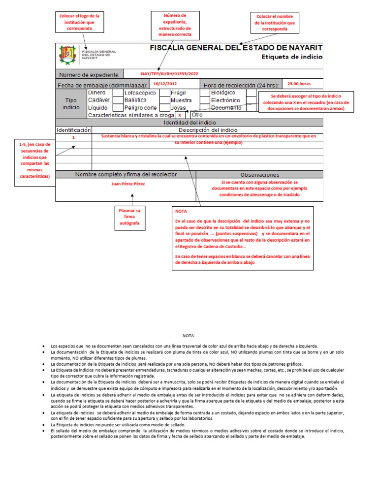 Como Llenar Una Etiqueta de Indicio 2 | PDF