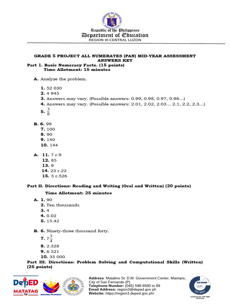 Grade 5 - Key To Correction Mid Year Assessment | PDF
