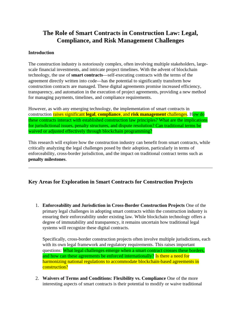 The Role of Smart Contracts in Construction Law | PDF | Regulatory ...