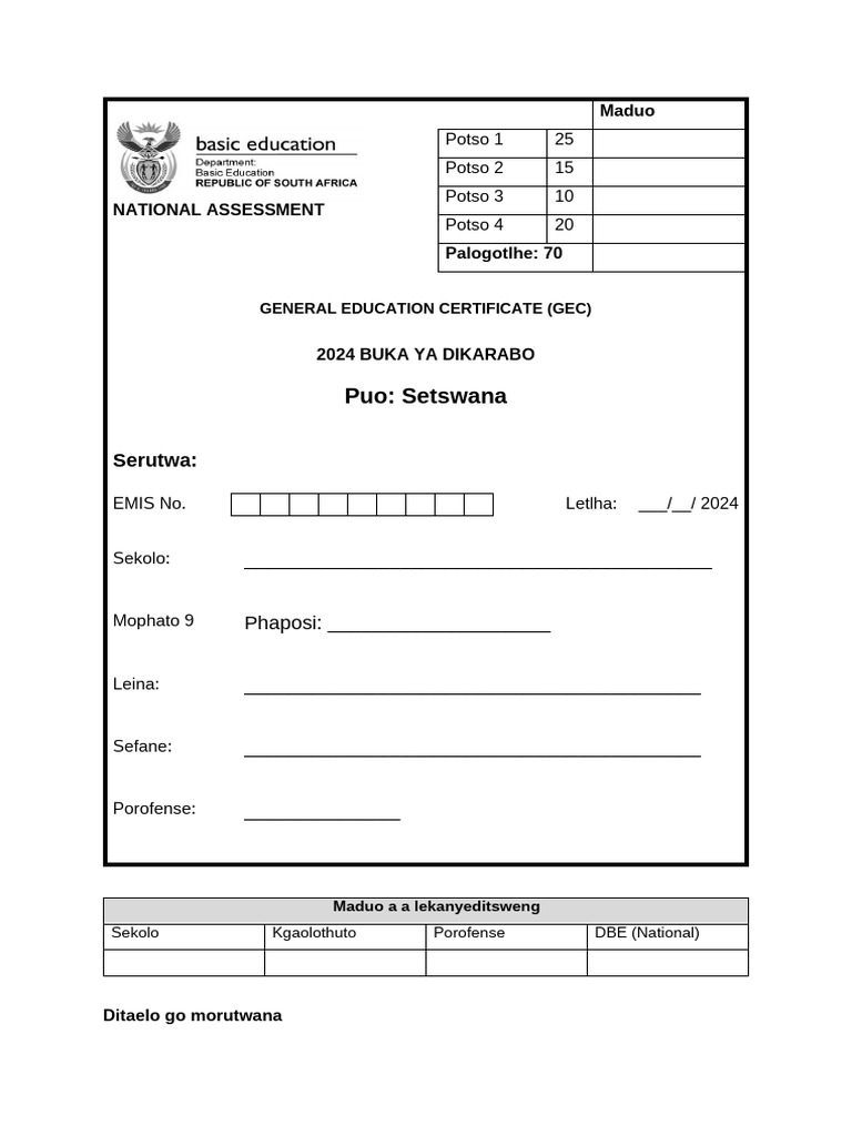 Grade 9 Setswana HL Answer Book | PDF
