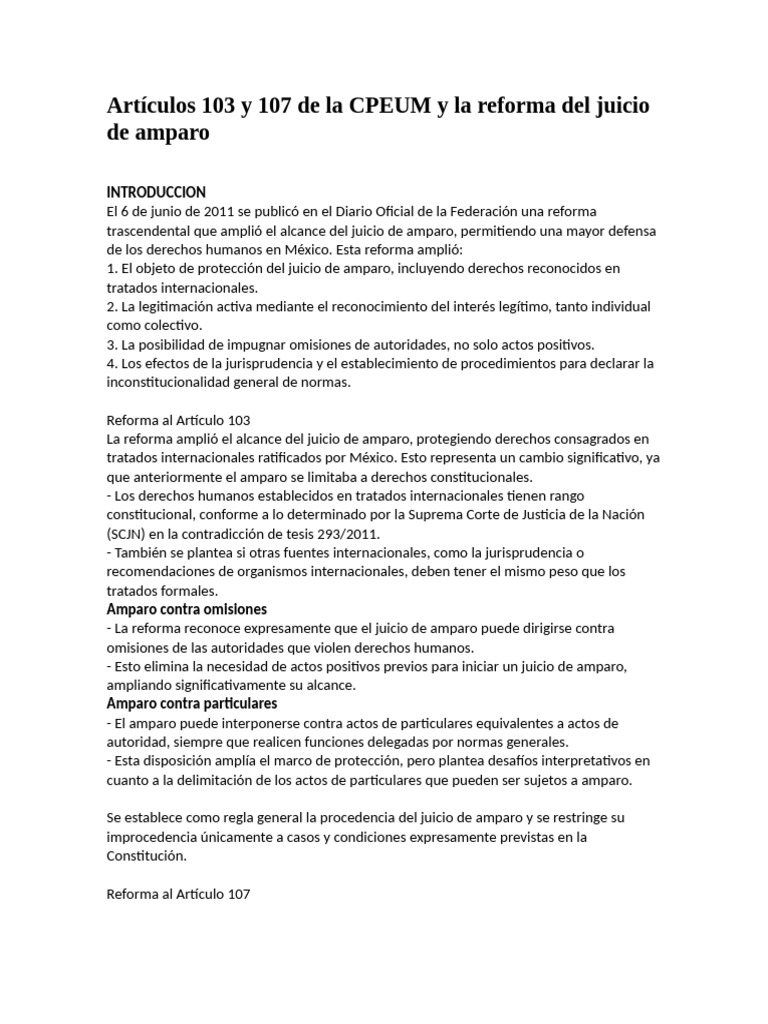 Artículos 103 y 107 de La CPEUM y La Reforma Del Juicio de Amparo | PDF | Derechos humanos ...