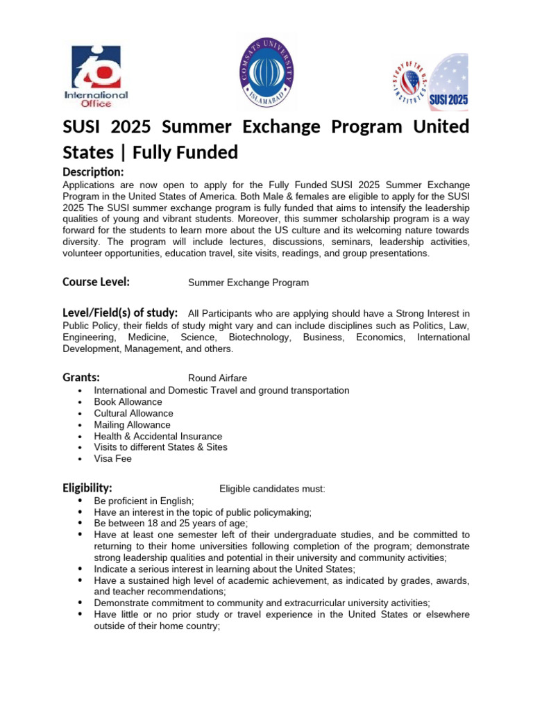 SUSI 2025 Fully Funded Exchange Program | PDF
