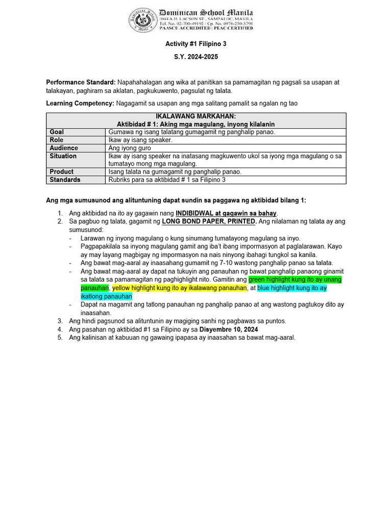 Aktibidad Bilang 1 2 at Performance Task Sa Filipino 3 | PDF