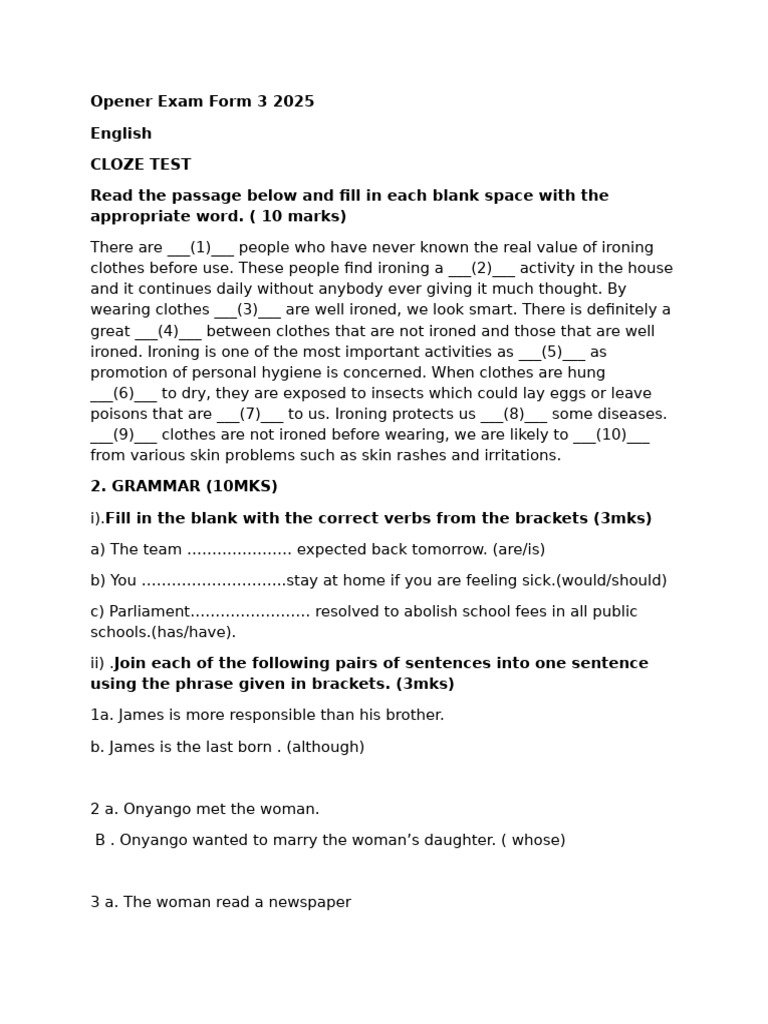 Form 3 Opener Exam | PDF | Linguistics | Syntax