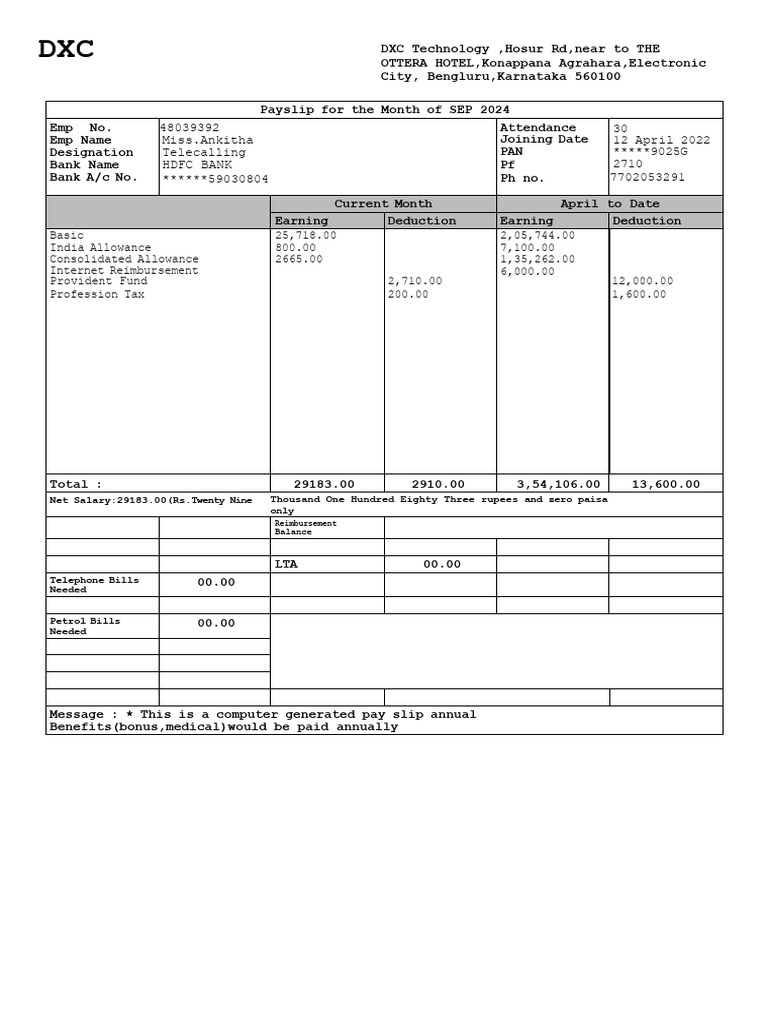 September 2024 Payslip - DXC Technology | PDF