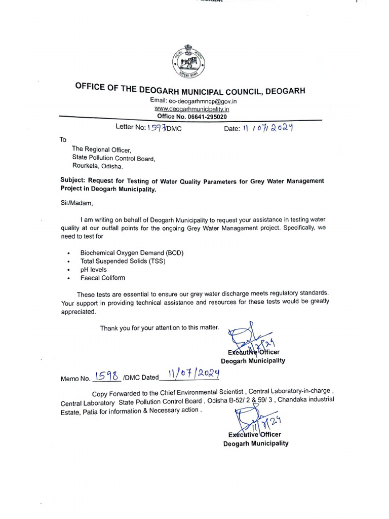 Letter Regarding Testing of Water Quality Parameters For Grey Water ...