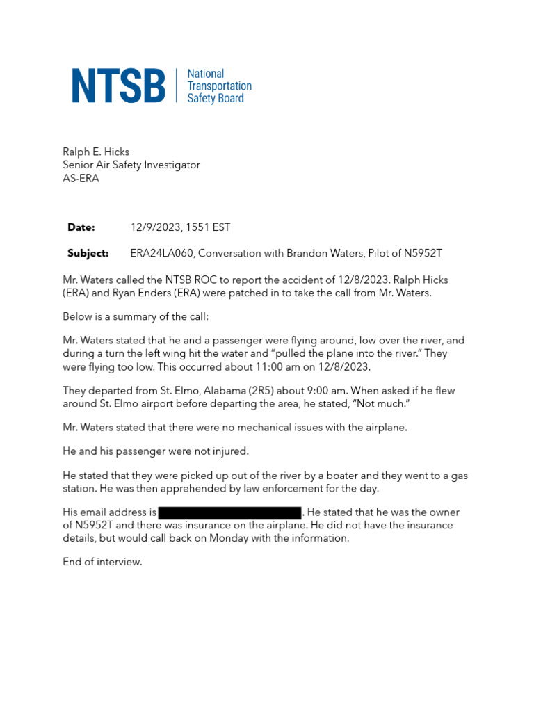 ERA24LA060 NTSB MOR Pilot Interview - Redacted-Rel | PDF