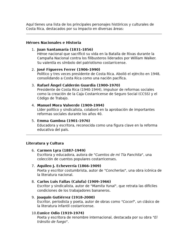 Principales Personajes Históricos y Culturales de Costa Rica | PDF ...