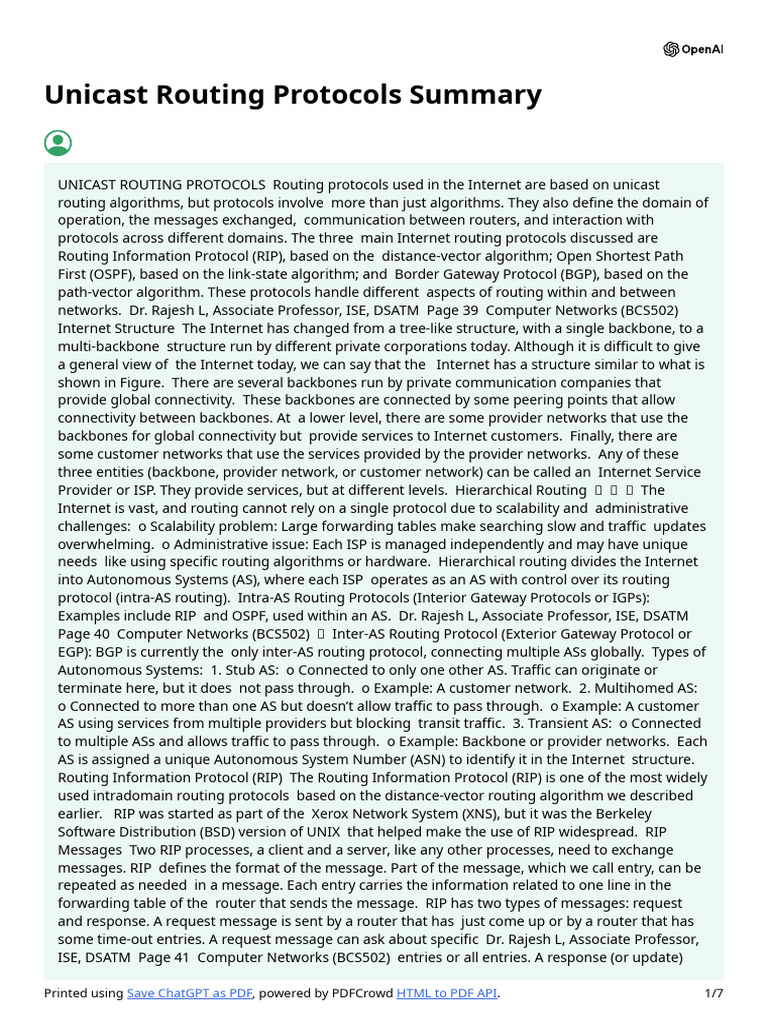 Unicast Routing Protocols Summar | PDF | Routing | Router (Computing)