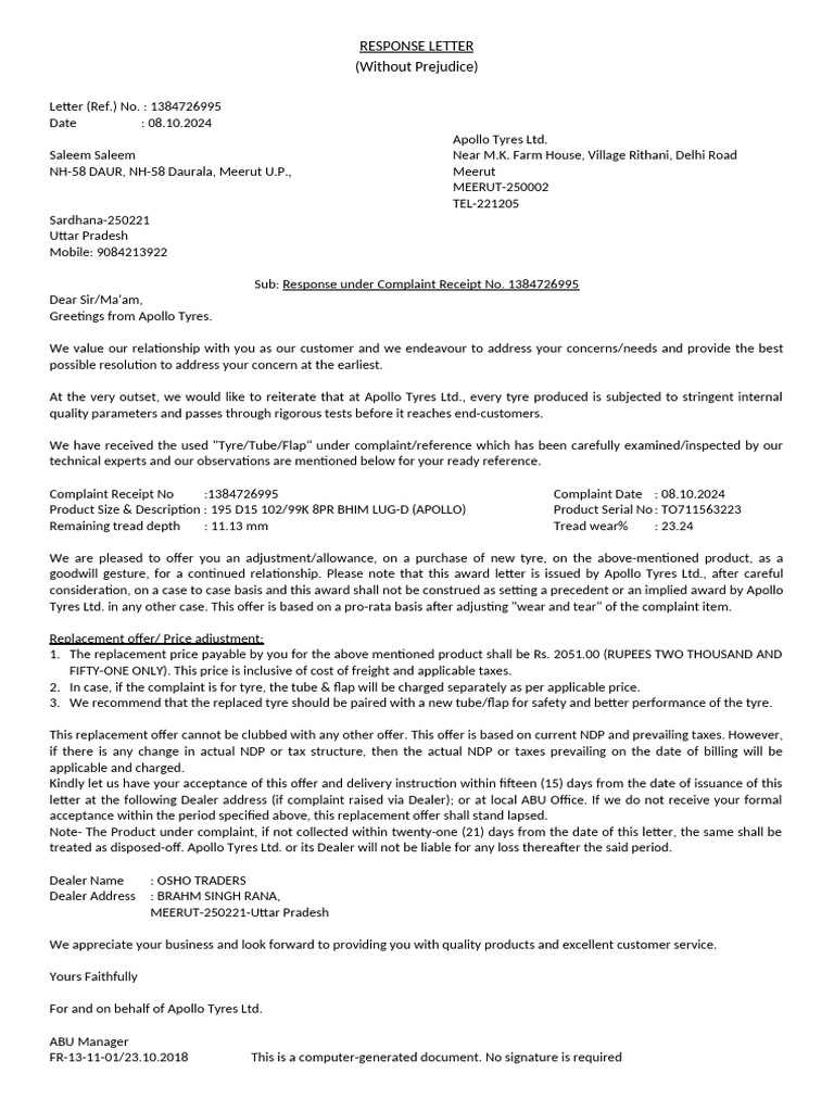 Apollo Tyres Complaint Response Letter | PDF