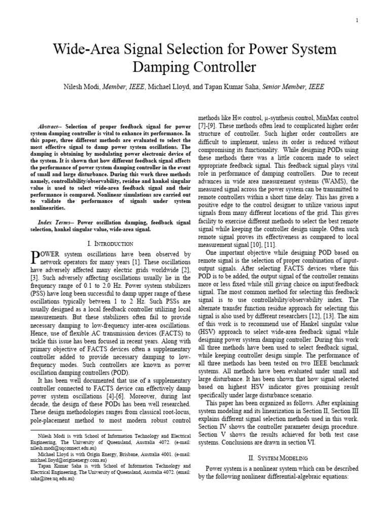 Wide-Area Signal Selection For Power System Damping Controller | PDF | Eigenvalues And ...