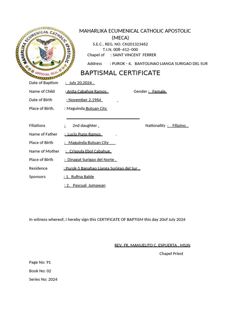 Baptism Certificate for Anita Ramos | PDF