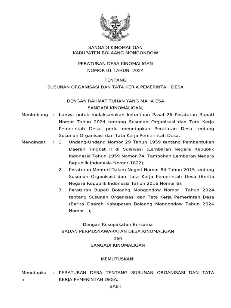 Format Perdes ttg SOTK Pemerintah Desa Kinol | PDF