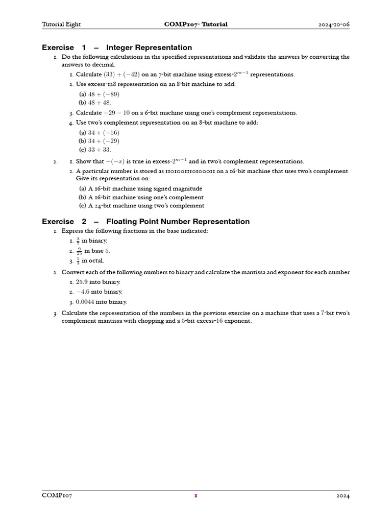 Tutorial Eight Num Repr | PDF