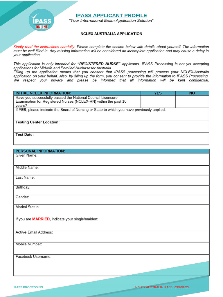 NCLEX Australia Applicant Form | PDF | National Council Licensure ...