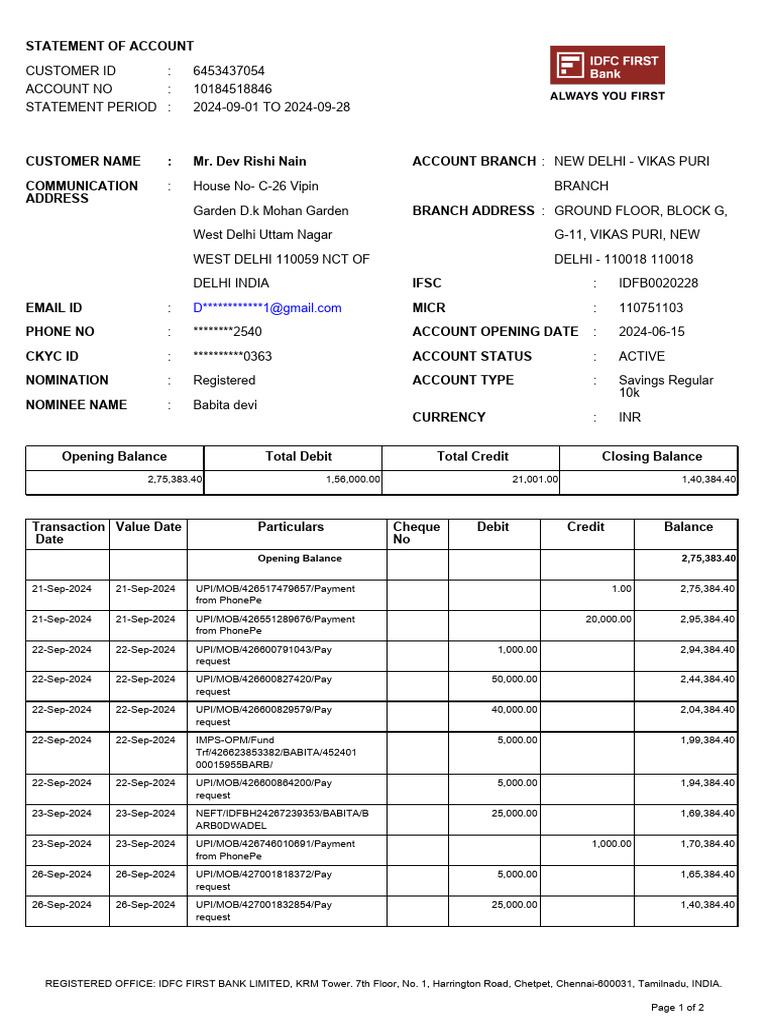 Account Statement for Mr. Dev Rishi Nain | PDF | Banks | Automated ...