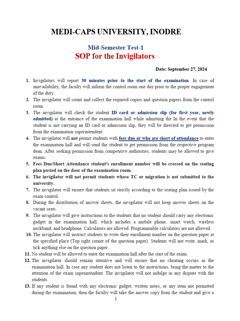 SOP For Invigilators MST-1 | PDF