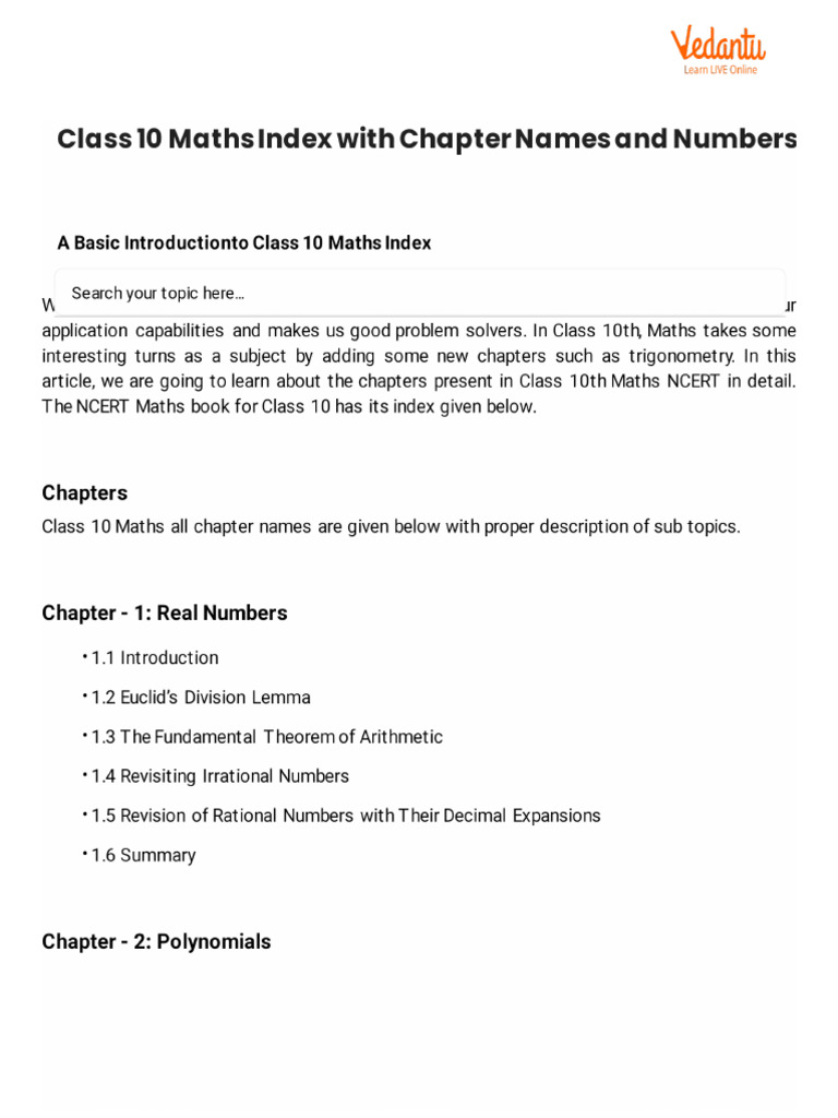 Class 10 Maths Index With Chapter Names and Numbers | PDF