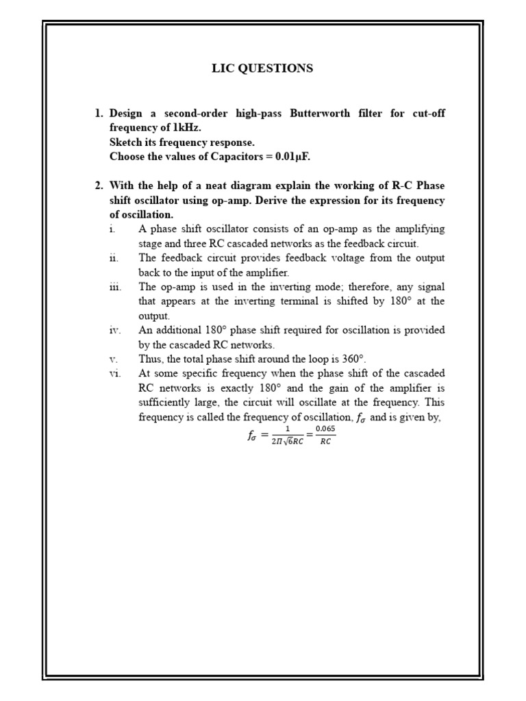 LIC QUESTIONS | PDF | Electronic Oscillator | Operational Amplifier