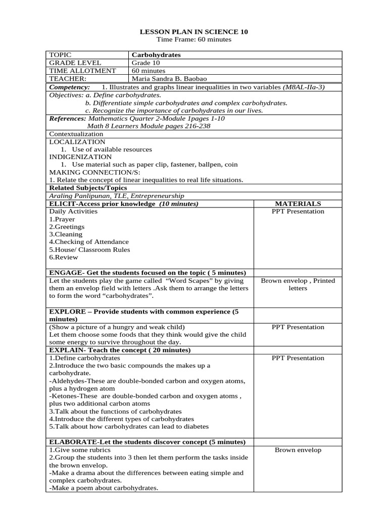7e Lesson Plan Math 8 Co 2021 | PDF | Carbohydrates