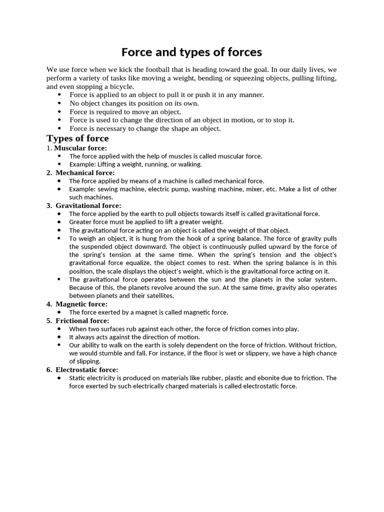 Force and Types of Forces Class 6 | PDF | Force | Weight