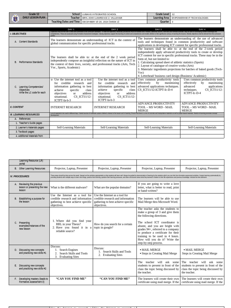 Grade 12 Empowerment Tech Lesson Plan | PDF | Learning | Educational ...