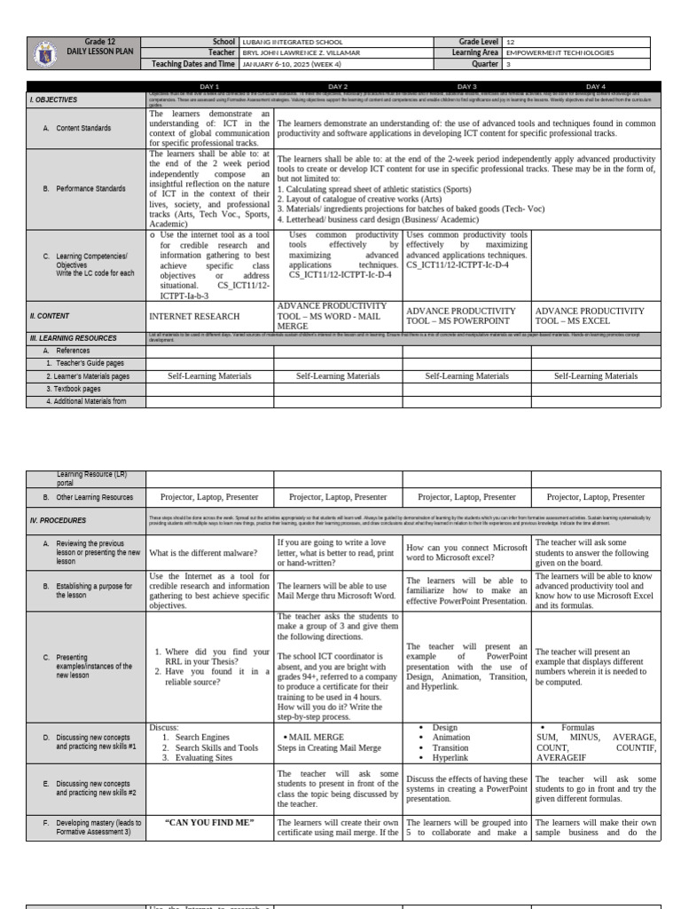 Grade 12 Empowerment Tech Lesson Plan | PDF | Educational Technology ...