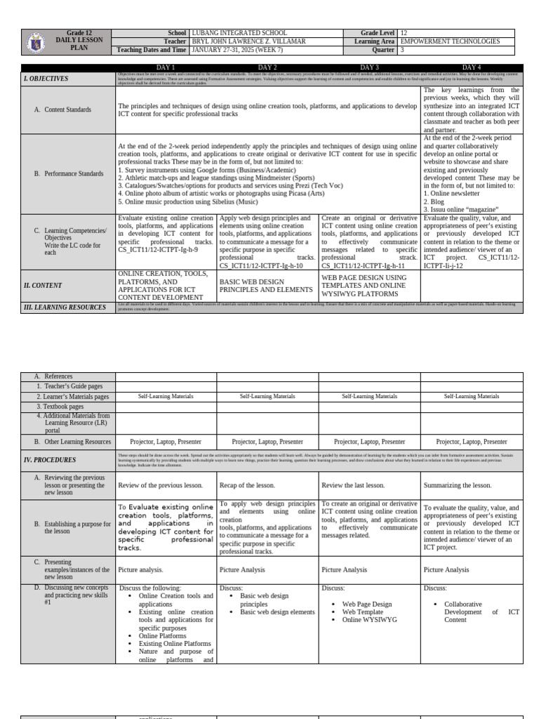 Grade 12 Empowerment Tech Lesson Plan | PDF | Educational Technology | Web Design