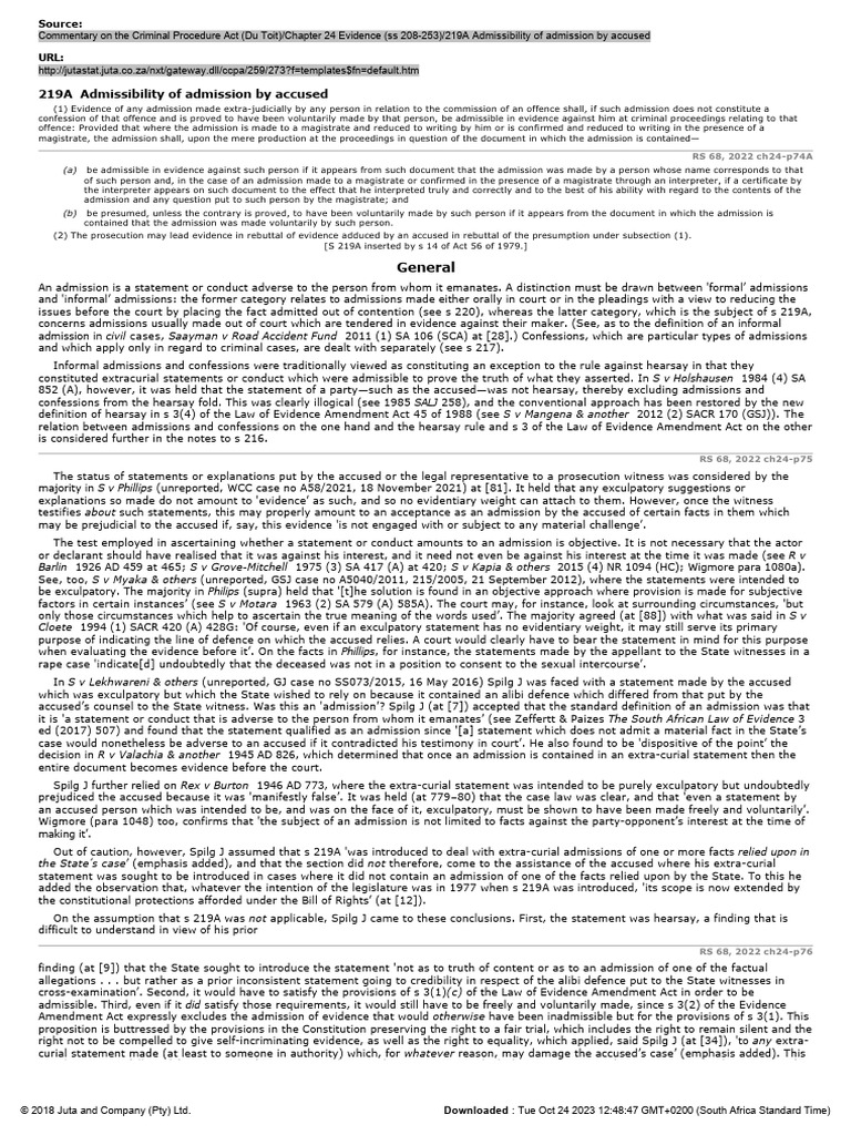 219A Admissibility of Admission by Accused | PDF | Hearsay | Criminal Law