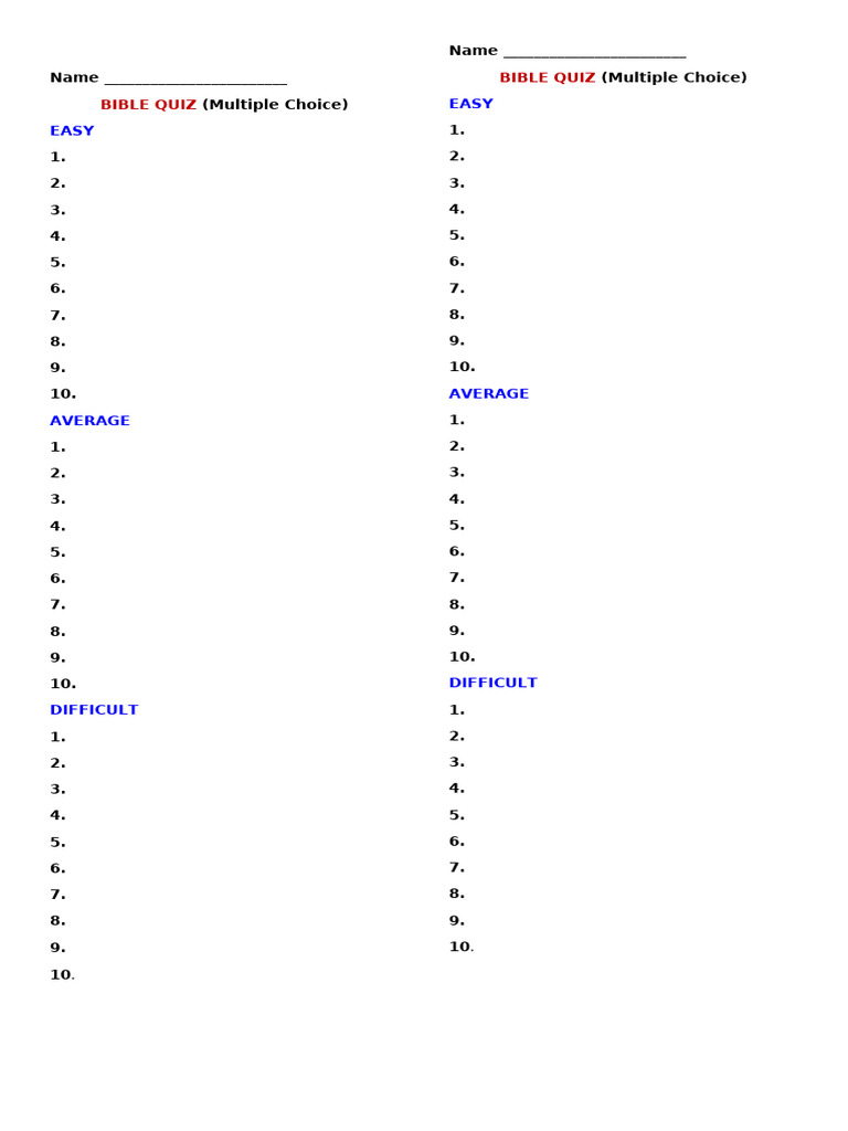 BIBLE QUIZ ANSWER SHEET | PDF