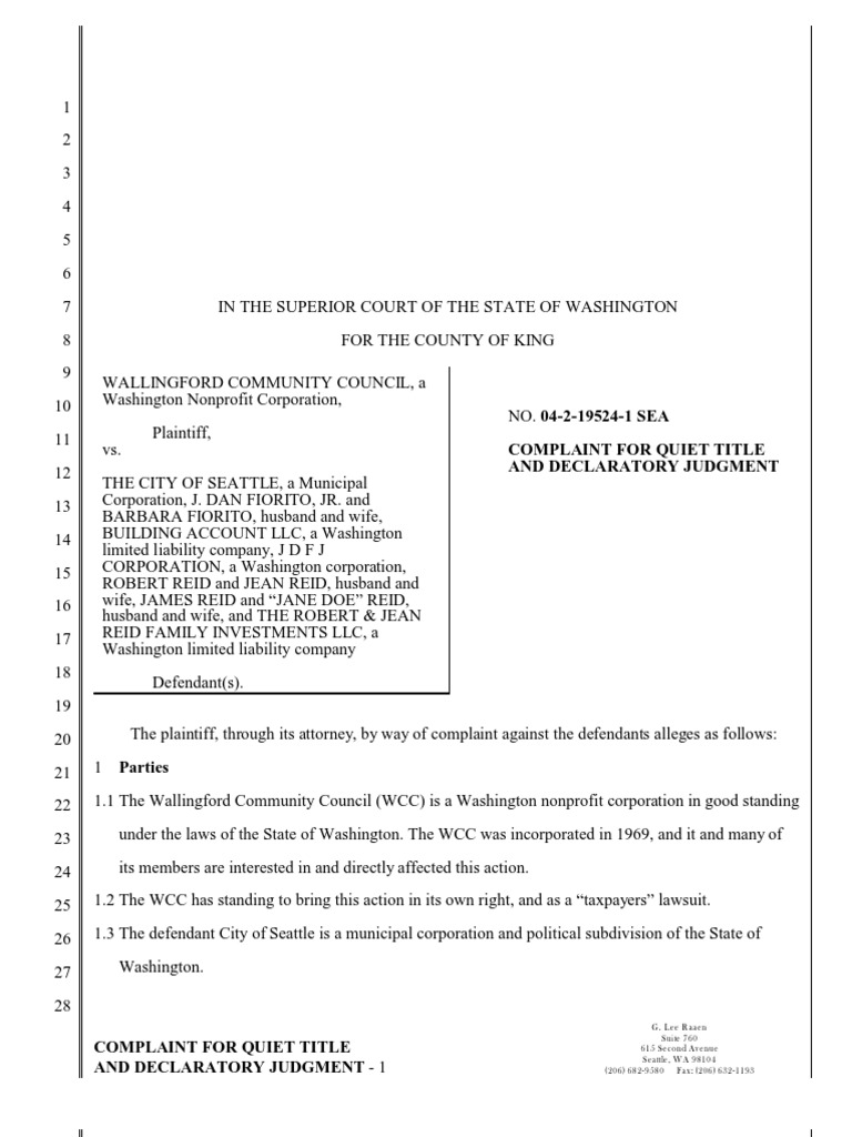 Sample WA Quiet Title Complaint (Filed by City of Seattle) | PDF ...