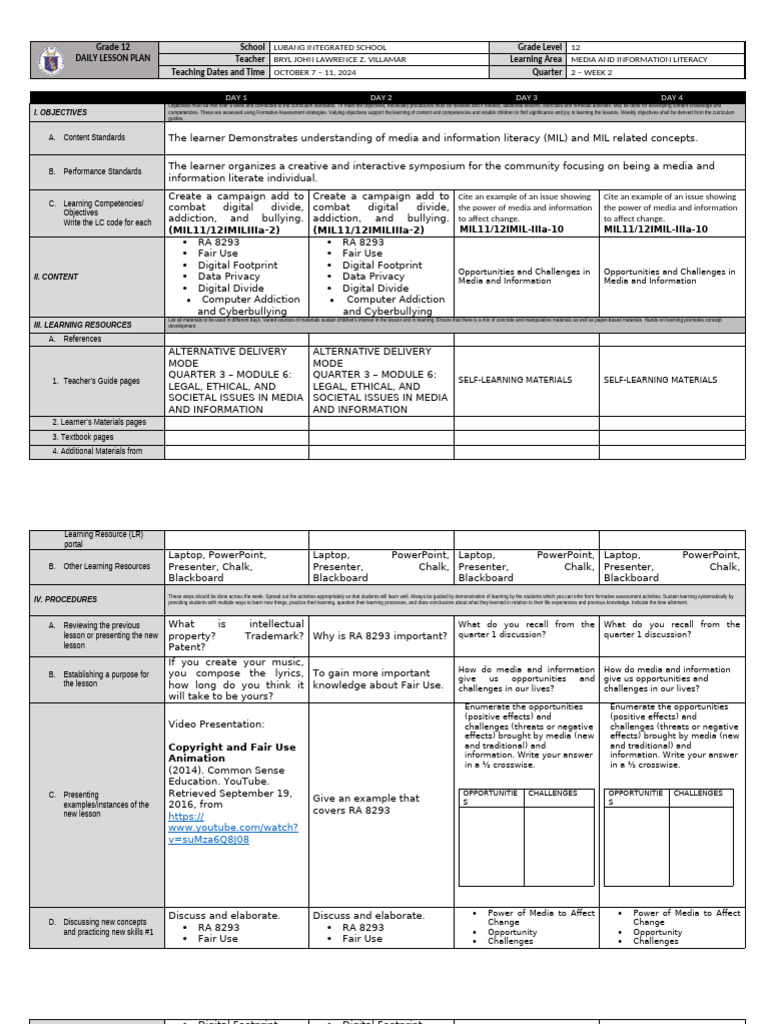 WEEK 2_MIL_OCTOBER 7-11, 2024 LESSON PLAN MIL | PDF | Learning ...
