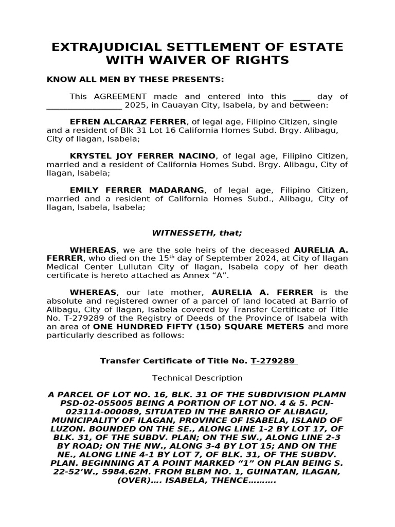 Extrajudicial Settlement of Estate Isabela | PDF | Real Property Law ...