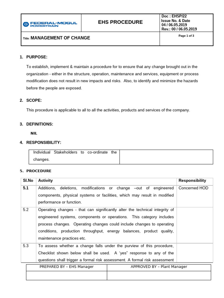 EHS - PROC - 22-Management of Change | PDF | Risk | Risk Assessment
