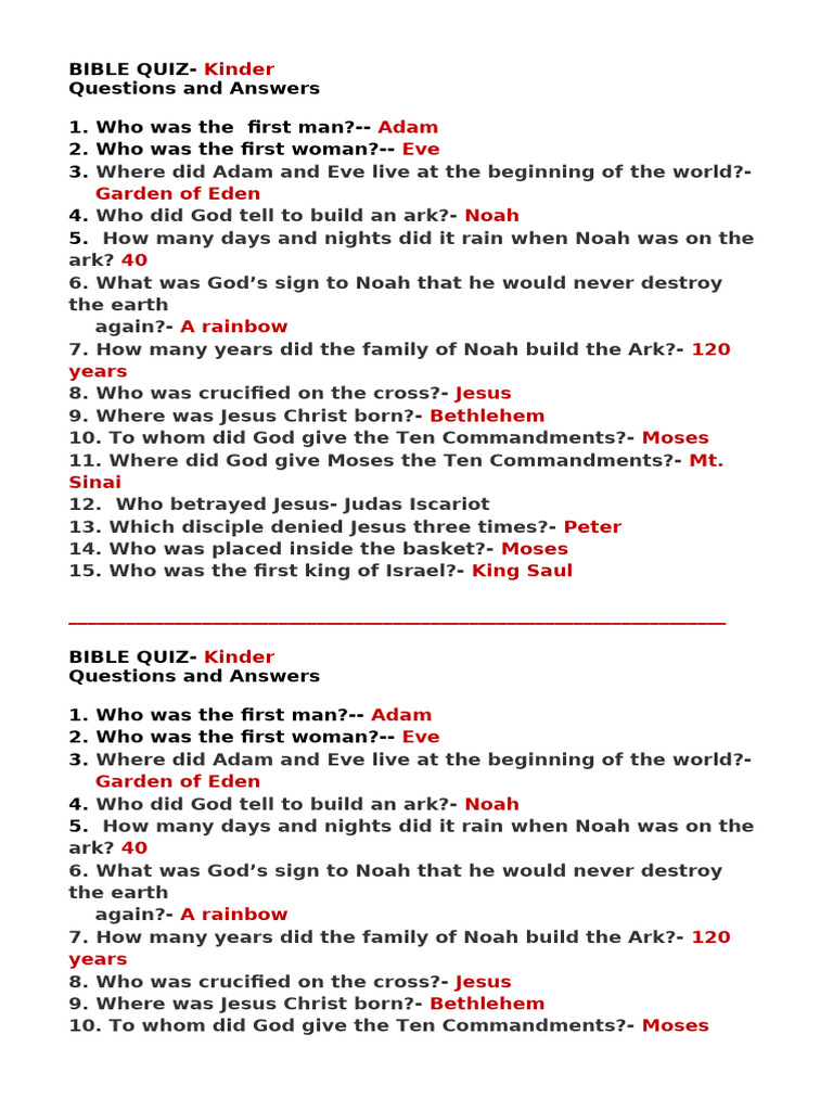 BIBLE QUIZ Kindergarten 1 5 | PDF | Jesus | Adam