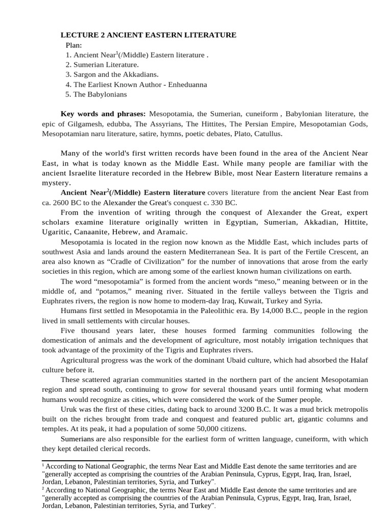 LECTURE 2. Ancient Eastern Literature | PDF | Mesopotamia | Sumer