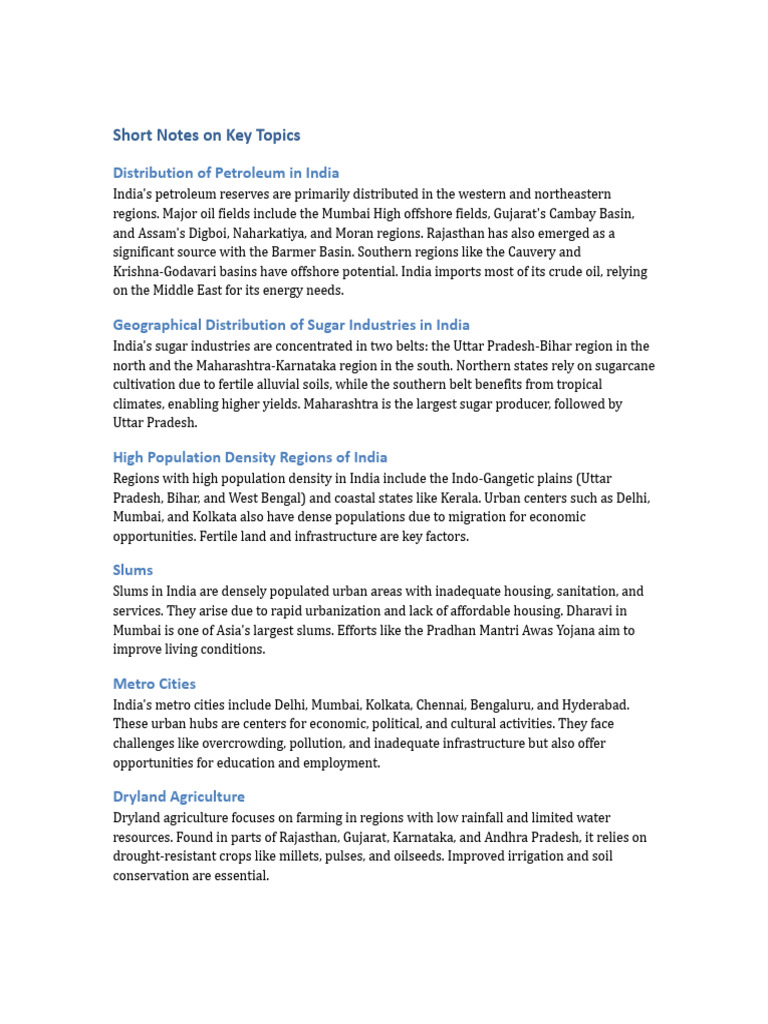 Short Notes On Key Topics | PDF | Agriculture | Slum