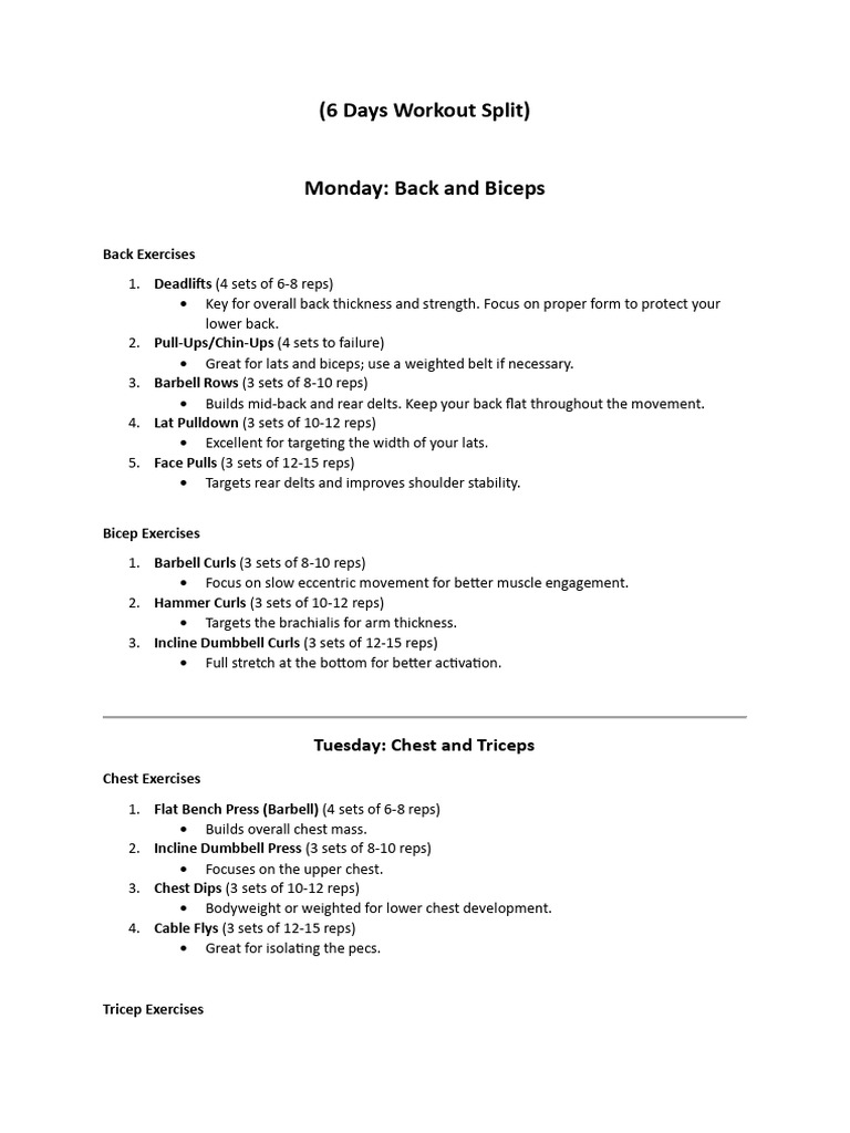 6 Days Workout Split | PDF | Weight Training | Physical Exercise