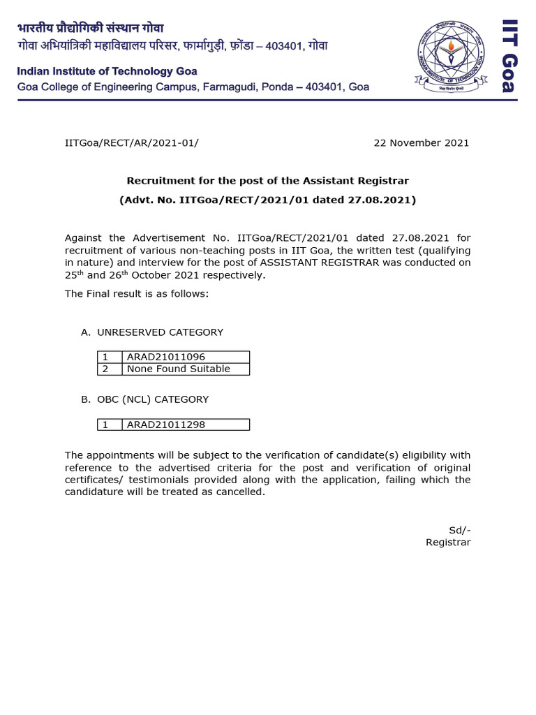 Result Assistant Registrar | PDF