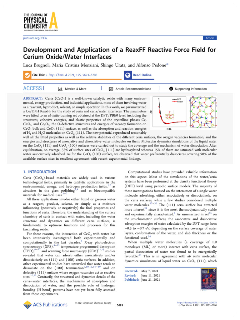 Brugnoli Et Al 2021 Development and Application of A Reaxff Reactive Force Field For Cerium ...
