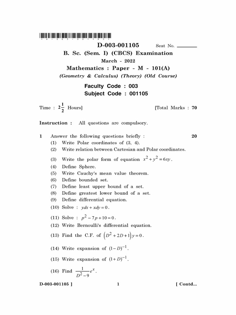 b. Sc. (Sem. i) (Cbcs) Exam March - 2022 Mathematics _ Paper - m - 101(a) (Geometry & Calculus ...