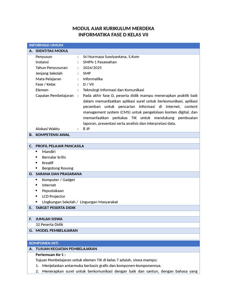 Modul Informatika Kelas VII: TIK dan Komunikasi | PDF