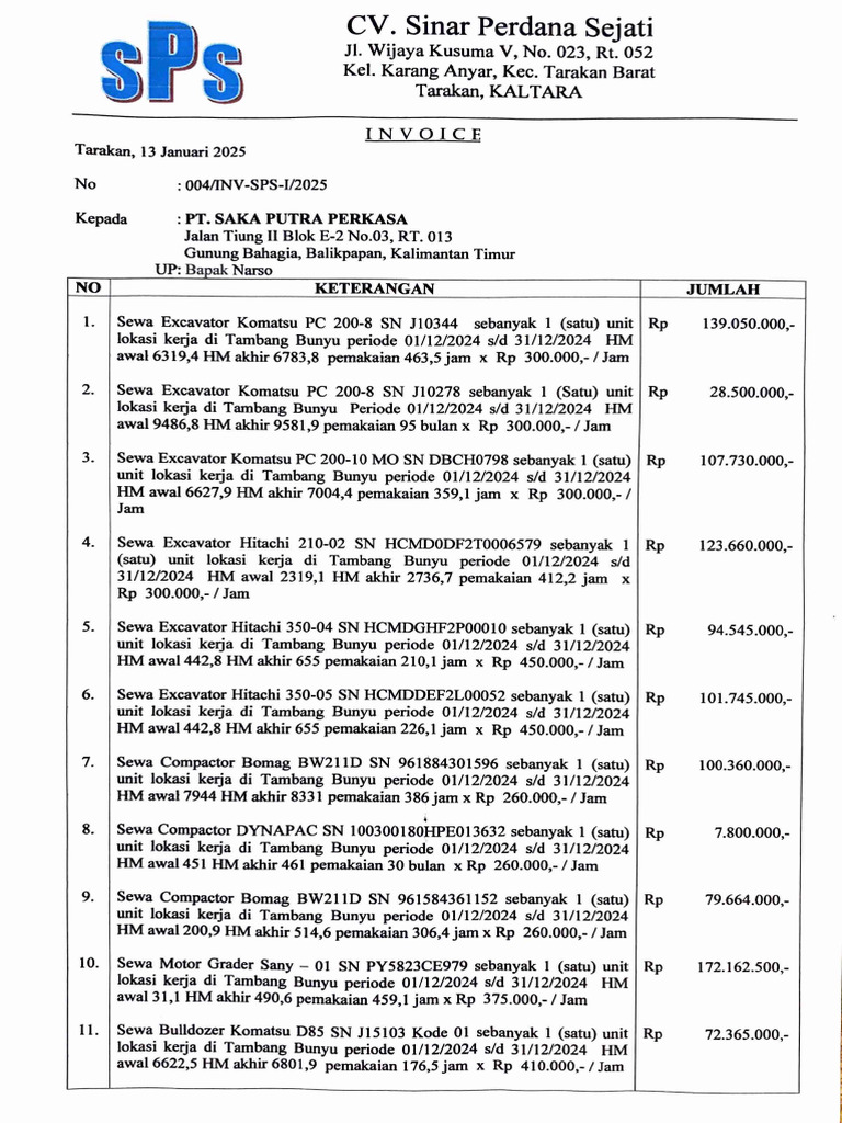 Invoice Sewa Alat Berat Tambang Bunyu | PDF