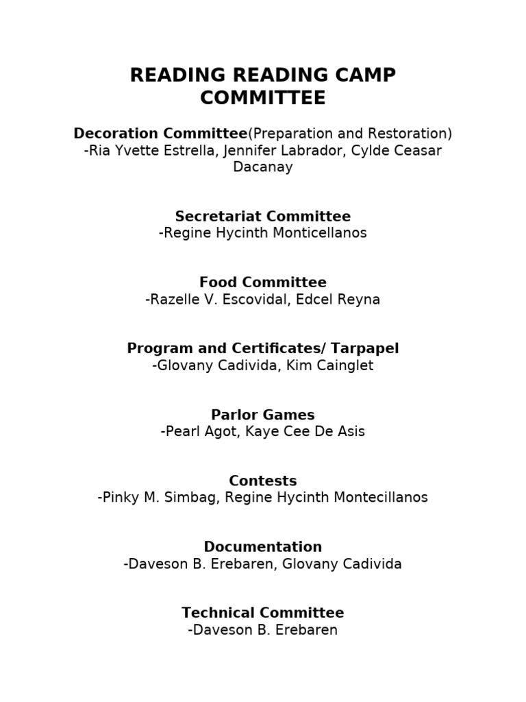 Reading Camp Committee Roles and Tasks | PDF