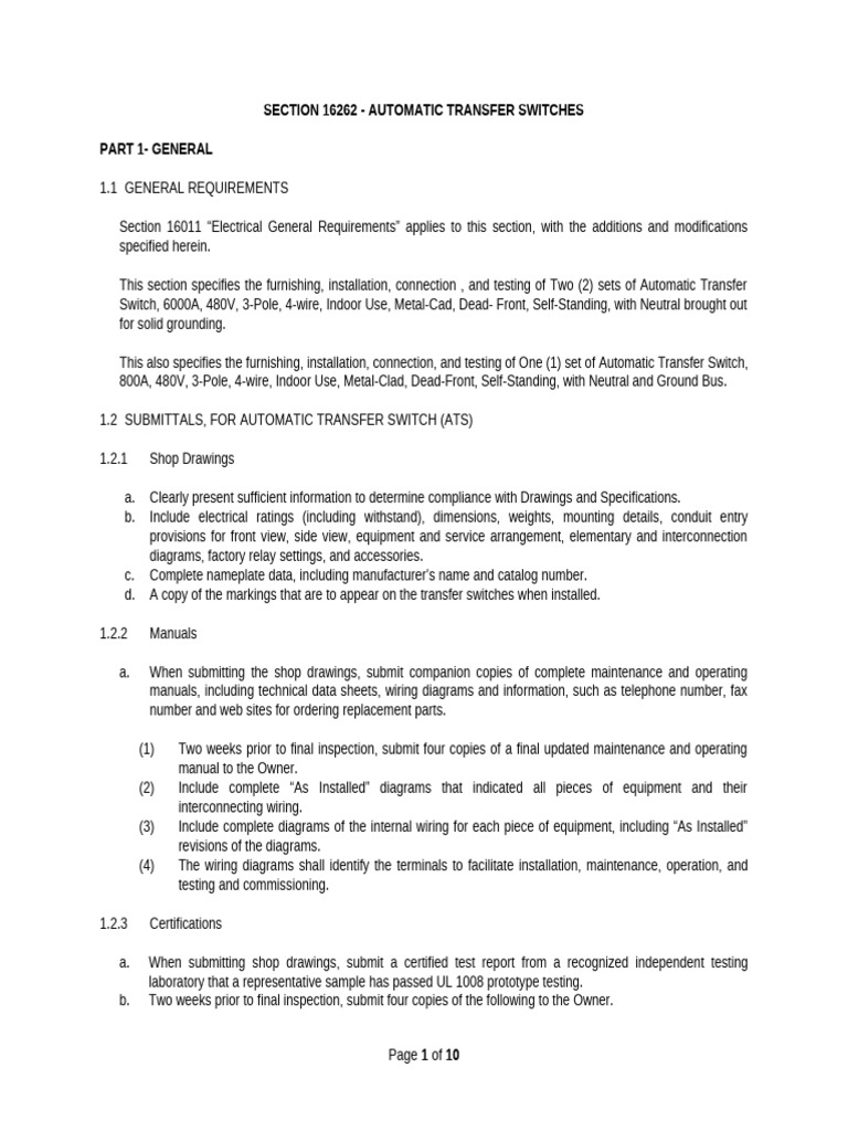Section 16262 - Automatic Transfer Switch | PDF | Switch | Alternating Current