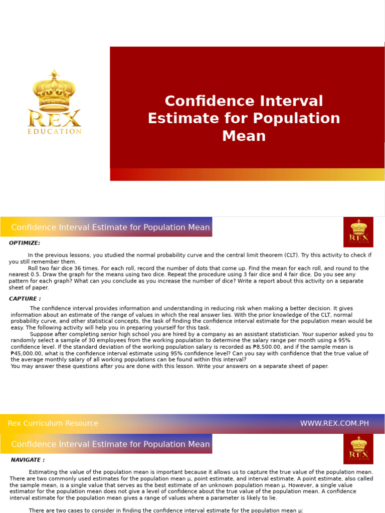 Confidence Interval Estimate For Population Mean | PDF | Estimator | Confidence Interval