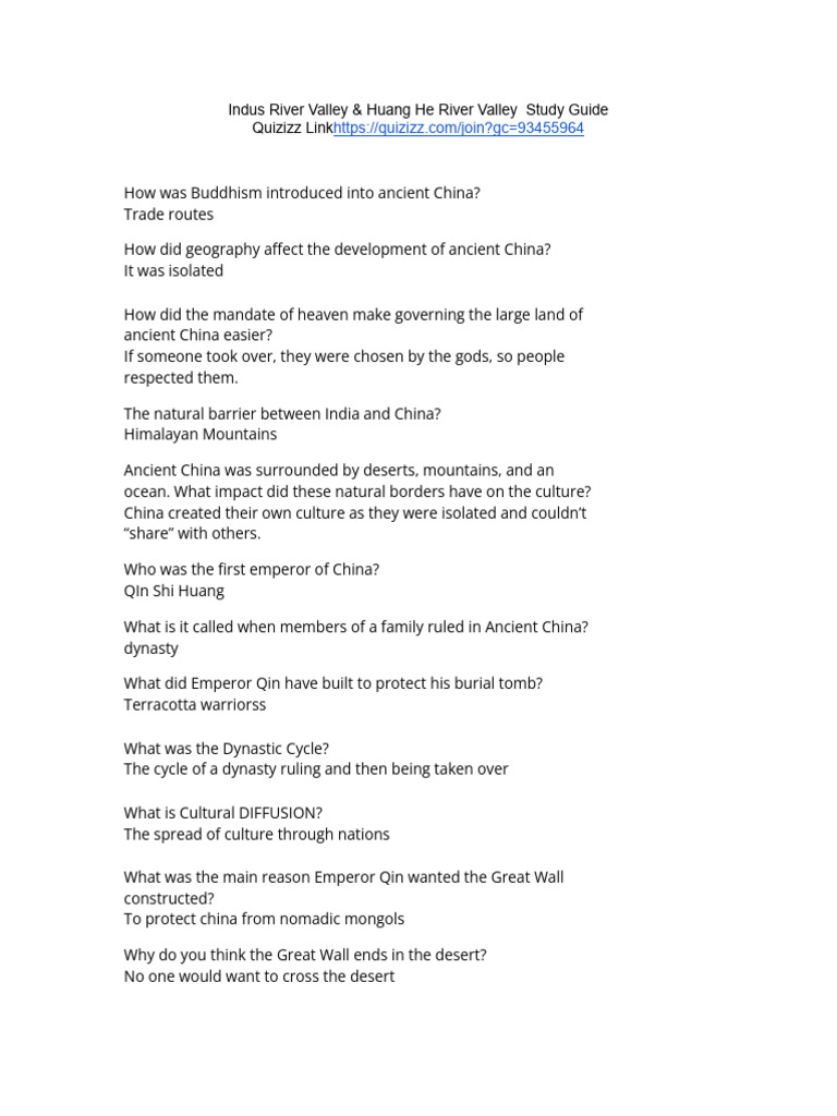 Copy of Indus River Valley & Huang He River Valley Study Guide | PDF ...